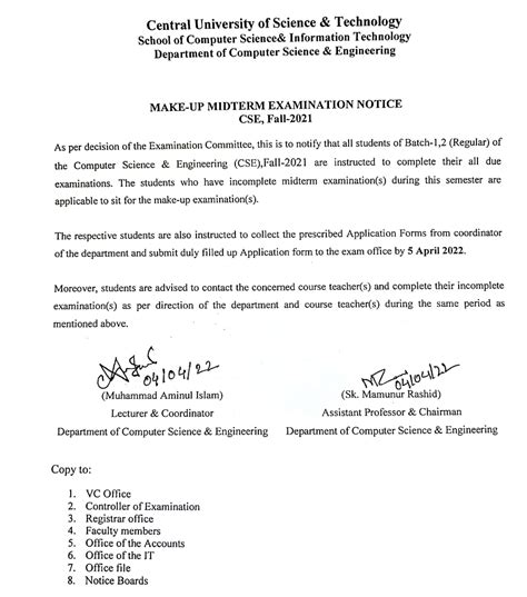 Make Up Midterm Examination Schedule For Cse Fall 2021 Central