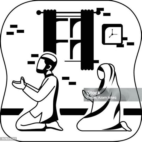 함께 살라트를 기도하는 무슬림 커플 남편과 아내 여자와 남자 이바다 함께 자마 개념 벡터 아이콘 디자인 라마잔 이드 알피트르 상징 이슬람과 무슬림 금식 기호 아랍어 휴일