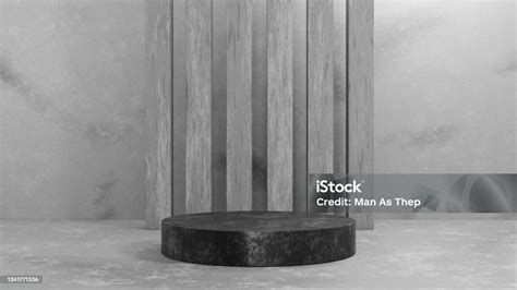프리젠 테이션 모형 템플릿에 대한 회색 배경에 3d 렌더링 실린더 콘크리트 받침대 연단 지오메트리 전시 무대 모형 컨셉 일러스트