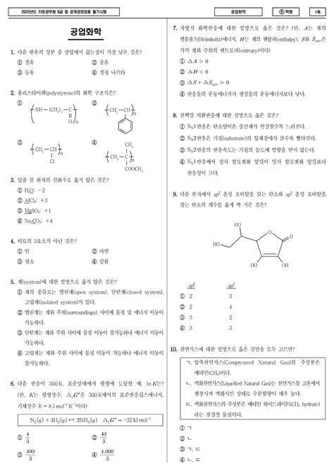 230610 지방 9급 공업화학 B 2023년 지방직 9급 공업화학 문제지 2023 년도 지방공무원 9 급 등 공개경쟁