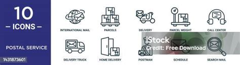 우편 서비스 개요 아이콘 세트에는 얇은 라인 국제 메일 배달 콜 센터 택배 일정 검색 메일 보고서 프리젠 테이션 다이어그램 웹