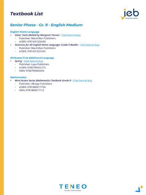 Textbook List Senior Phase Grade 9 Ieb 2024 Pdf