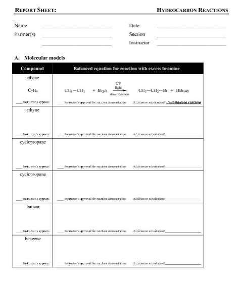 Solved Report Sheet Hydrocarbon Reactions Name Partner S
