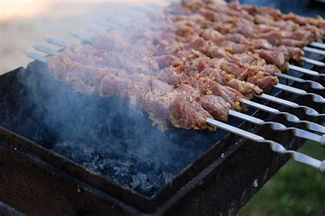 금속 꼬치에 구운 케밥 요리 그릴 향신료에 구운 절인 고기는 연기와 함께 바베큐에서 요리합니다 전통적인 동양 요리 Shish