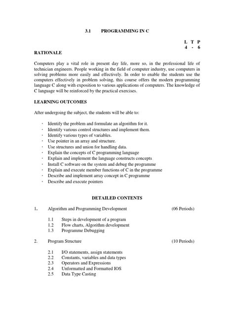 31 Programming In C L T P 4 6 Rationale Pdf Data Transmission