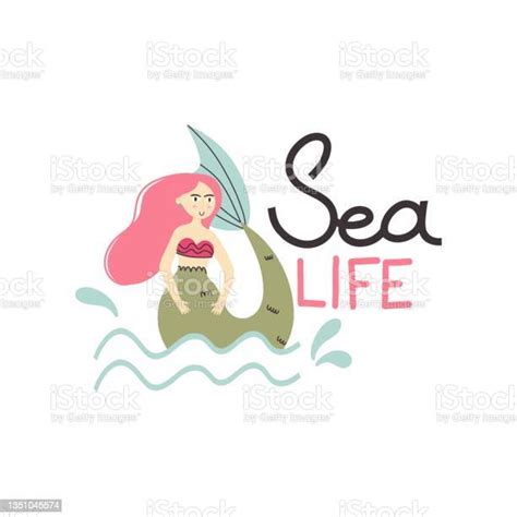 만화 인어 귀여운 작은 수중 캐릭터 물고기 꼬리 사랑스러운 바다 판타지 생물 어린이 동화 소녀 티셔츠 인쇄 또는 레터링 벡터 고립 된 일러스트와 포스터공주 0명에 대한 스톡