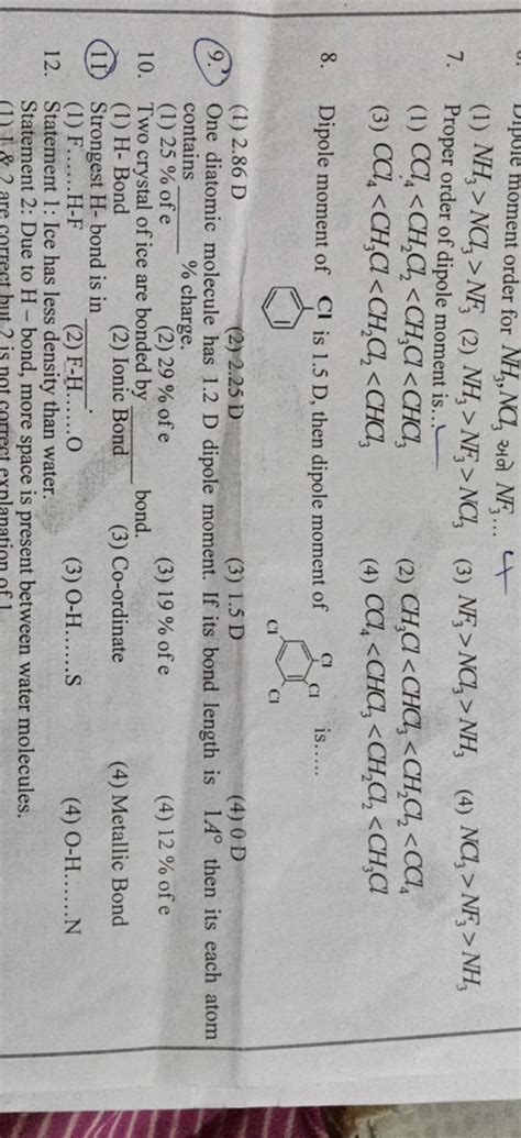 One Diatomic Molecule Has 1 2d Dipole Moment If Its Bond Length Is 1a∘ T