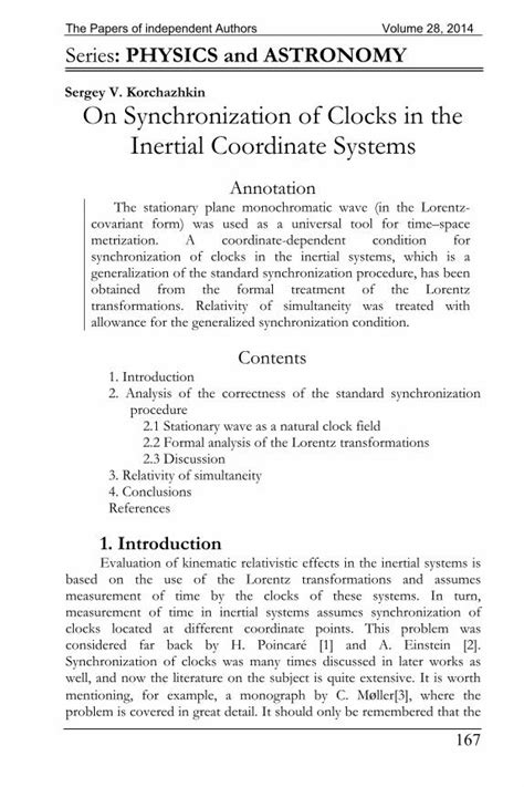 Pdf On Synchronization Of Clocks In The Inertial Coordinate Systems
