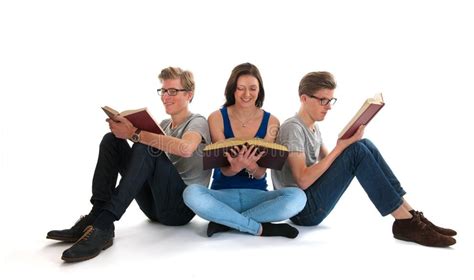 Adult Male Twins And Young Girl Reading Books Stock Image Image Of Attractive Blue 34432803