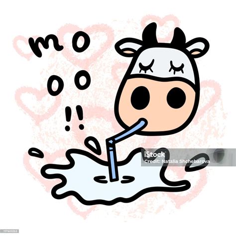 라인 만화 흰색 귀여운 암소 멋진 마음 핑크와 베이지 색 배경에 맛있는 우유를 마시는 손으로 그린 낙서 스타일과 무오 글자 벡터 그림입니다 낙서 드로잉에 대한 스톡 벡터