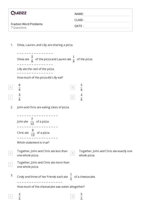 50 Fraction Word Problems Worksheets For 8th Grade On Quizizz Free