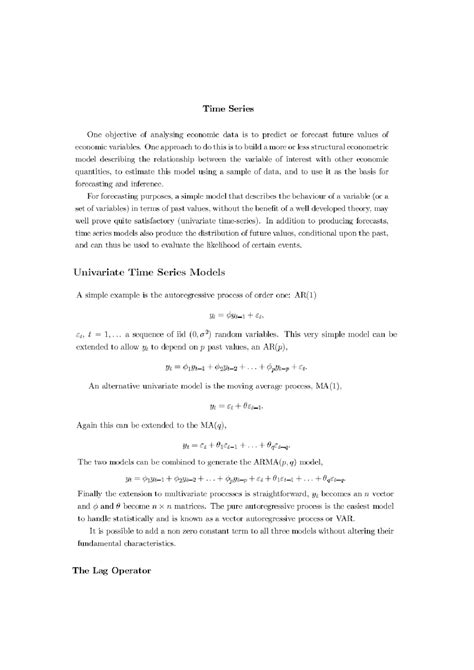 Time Series Econometrics Lecture Notes Study Notes Econometrics
