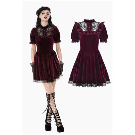 Dark In Love Ophelia Lace Collar Burgundy Velvet Goth Dress Bidnamic