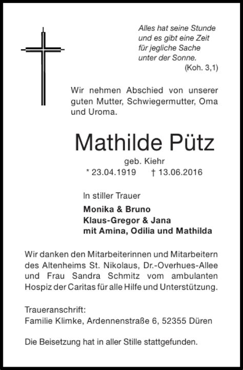 Traueranzeigen Von Mathilde Pütz Aachen Gedenkt