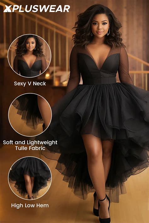 Xpluswear Design Plus Size Cocktail Party Red V Neck Long Sleeve High