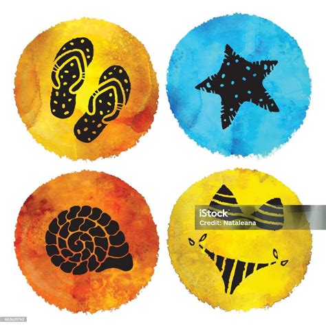 수채화 여름 비치 인쇄합니다 동그라미 바지 얼룩 플립 플롭 샌들 조개 불가사리 수영복 흰색 배경에 고립 굴에 대한 스톡 벡터 아트 및 기타 이미지 Istock