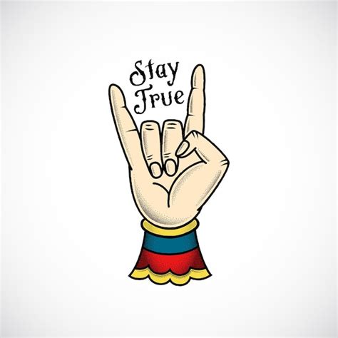 록 손 레트로 문신 스타일 추상적 인 벡터 스티커 기호 또는 유지 진정한 메시지 빈티지 일러스트와 함께 상징 프리미엄 벡터