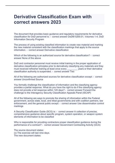 Derivative Classification Exam With Correct Answers 2023 2024 Derivative Classification