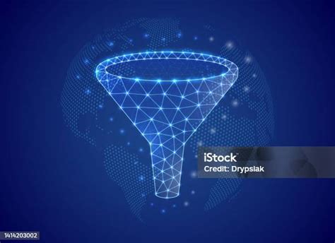 깔때기 3d 낮은 폴리 기호 파란색 세계지도 배경 데이터 필터 개념 디자인 그림입니다 연결된 점이 있는 빅데이터 다각형 기호 3차원 형태에 대한 스톡 벡터 아트 및 기타