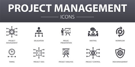 프로젝트 관리 간단한 개념 아이콘을 설정 합니다 프로젝트 프리 젠 테이 션 회의 워크 플로우 위험 관리 등의 아이콘이 포함 되어 웹 로고 Ui Ux에 사용할 수 있습니다