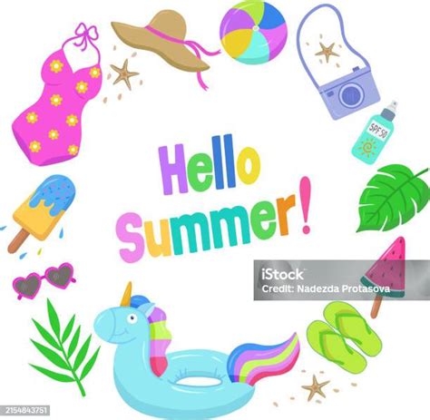 안녕하세요 여름 벡터 배경 템플릿입니다 모자 아이스크림 수영복 불가사리 선글라스 유니콘 카메라 슬리퍼 형태의 다채로운 해변 요소로 안녕하세요 여름을 맞이합니다 배너 배경