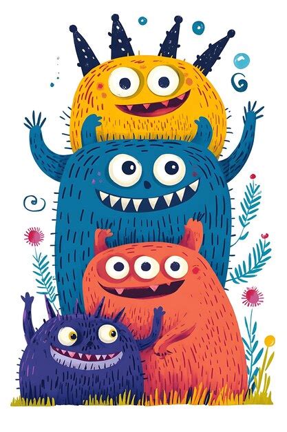 Cute Cartoon Monsters Stacked On Top Of Each Other Premium Ai