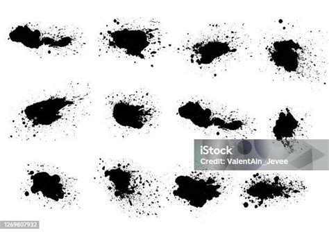 벡터 흑백 잉크 스플래시 얼룩 및 브러시 스트로크 스팟 스프레이 얼룩 스패터 스플래터 물방울 드롭 잉크 방울 그런지 질감 요소