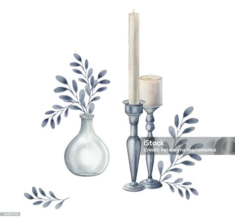 유리 항아리 꽃병 촛불 촛대 가지 세트 수채화 손으로 그린 클립아트는 흰색 배경에 분리되어 있습니다 할로윈 테마 고딕 공포 마녀 이교도 요술 밀교를 주제로 인쇄 개체 그룹에