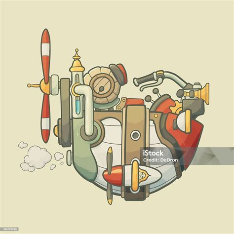 말풍선이 있는 스팀펑크 스타일의 플라잉 Airship 프로펠러 및 휠 발명에 대한 스톡 벡터 아트 및 기타 이미지 발명