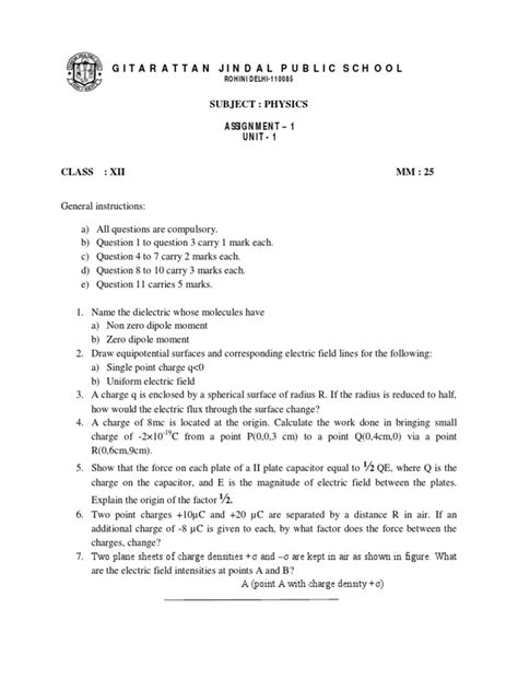 Class Xii Physics Assignment 1 Unit 1 Download Free Pdf Electric