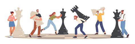거대한 흑백 조각을 움직이는 체스를하는 남성과 여성 전략적 게임 사고 우월성 개념 개성 개념에 대한 스톡 벡터 아트 및 기타 이미지 개성 개념 개념 검은색 Istock