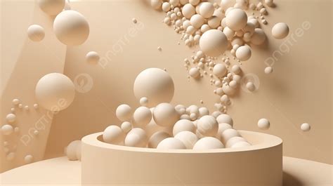 그릇에 흰색 공이 떠다니는 배경 날아다니는 거품이 있는 3d 베이지색 배경과 구체가 있는 빈 원형 연단 추상 디자인 고화질 사진 사진 배경 일러스트 및 사진 무료