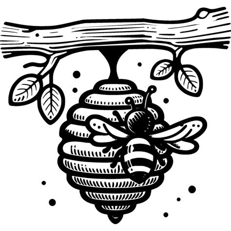 Bee Flies To Hive Hanging On Tree Branch In Monochrome Wild Bee Hive
