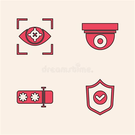 Set Shield With Check Mark Eye Scan Security Camera And Password Protection Icon Vector Stock
