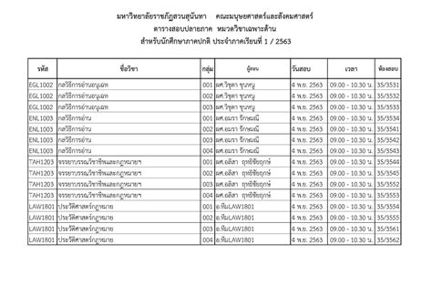 ตารางสอบปลายภาค สำหรับนักศึกษาภาคปกติ ฝ่ายวิชาการ คณะมนุษยศาสตร์และสังคมศาสตร์ มหาวิทยาลัย