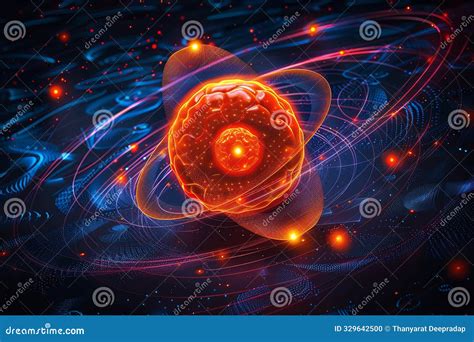 Abstract Representation Of An Atom With Glowing Particles Orbiting