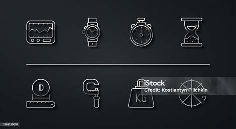 세트 라인 측정기 직경 모래 무게 마이크로 미터 손목 시계 조각의 원과 스톱워치 아이콘과 오래된 모래 시계 벡터 검은색에 대한 스톡 벡터 아트 및 기타 이미지 Istock