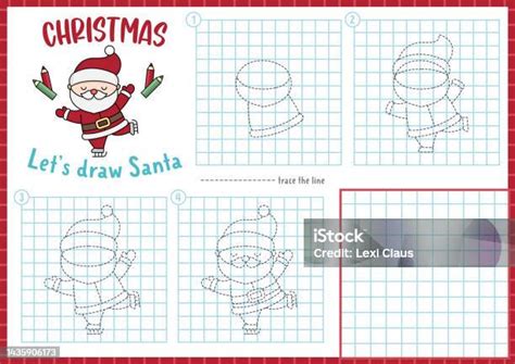 크리스마스 단계별 그리기 워크 시트 산타 클로스를 그리는 방법 예제 활동으로 그림을 완성합니다 벡터 겨울 휴가 쓰기 연습 워크
