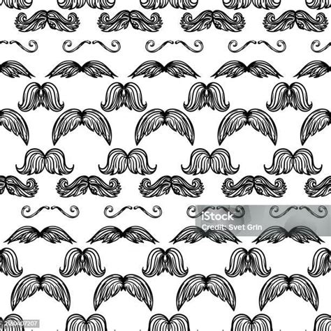 그런지 스타일의 힙스터 콧수염이 있는 그래픽 아이콘 패턴입니다 선형 질감의 큰 콧수염 모음 벡터 일러스트 레이 션입니다 직물 및 종이에 인쇄용 0명에 대한 스톡 벡터 아트