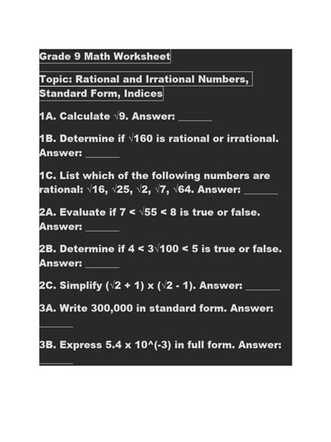 Grade 9 Math Worksheet 1 Pdf