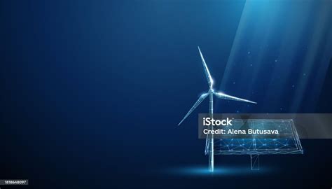 추상 풍력 터빈이 있는 파란색 태양 전지판 재생 가능 발전 녹색 에너지 개념 대체 에너지원 와이어 프레임 모델에 대한 스톡 벡터