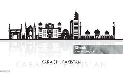 Silhouette Skyline Panorama Of City Of Karachi Pakistan Stock
