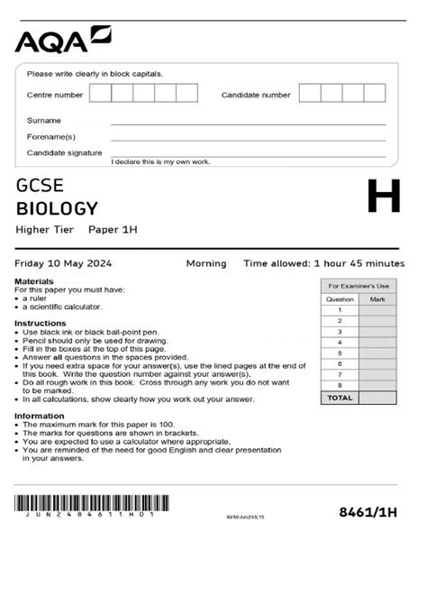 Gcse Aqa May 2024 Higher Triple Science Biology Paper 1 8461 1h