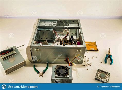 Process Of Computer Repairing With A Disassembled Computer Case Stock Image Image Of Hand