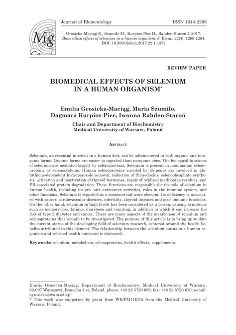 PDF Biomedical Effects Of Selenium In A Human Organism