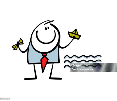 운이 좋고 부유한 스틱맨 남자는 손에 많은 돈을 쥐고 있습니다 벡터 일러스트 레이 션 사업가는 달러로 종이 보트를 만들고 강이나 바다의 파도에 떠 있습니다 강에 대한 스톡