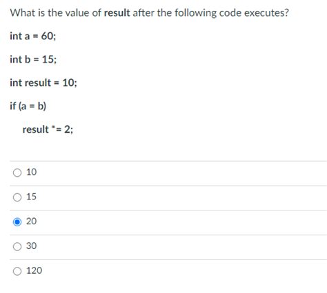 solved what is the value of result after the following code