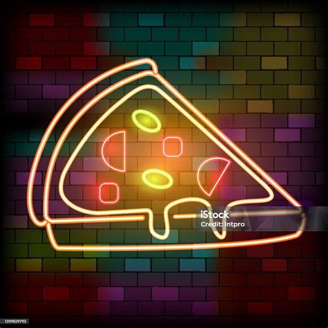 Vip 네온 아이콘 밤 밝은 간판 빛나는 빛 배너 어두운 벽돌 벽 배경에 피자의 네온 조각 어두운 배경에 네온 조명 클럽 또는
