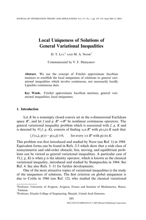 Pdf Local Uniqueness Of Solutions Of General Variational Inequalities