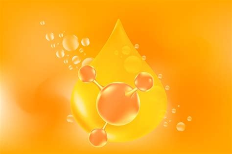 노란색 3d 오일 방울 또는 콜라겐 방울 분자 공식 금 액체 입자 거품 패턴 히알루 론산 세럼 화학 수식 오렌지 배경 복사 공간 뷰티 트리트먼트 3차원 형태에 대한 스톡
